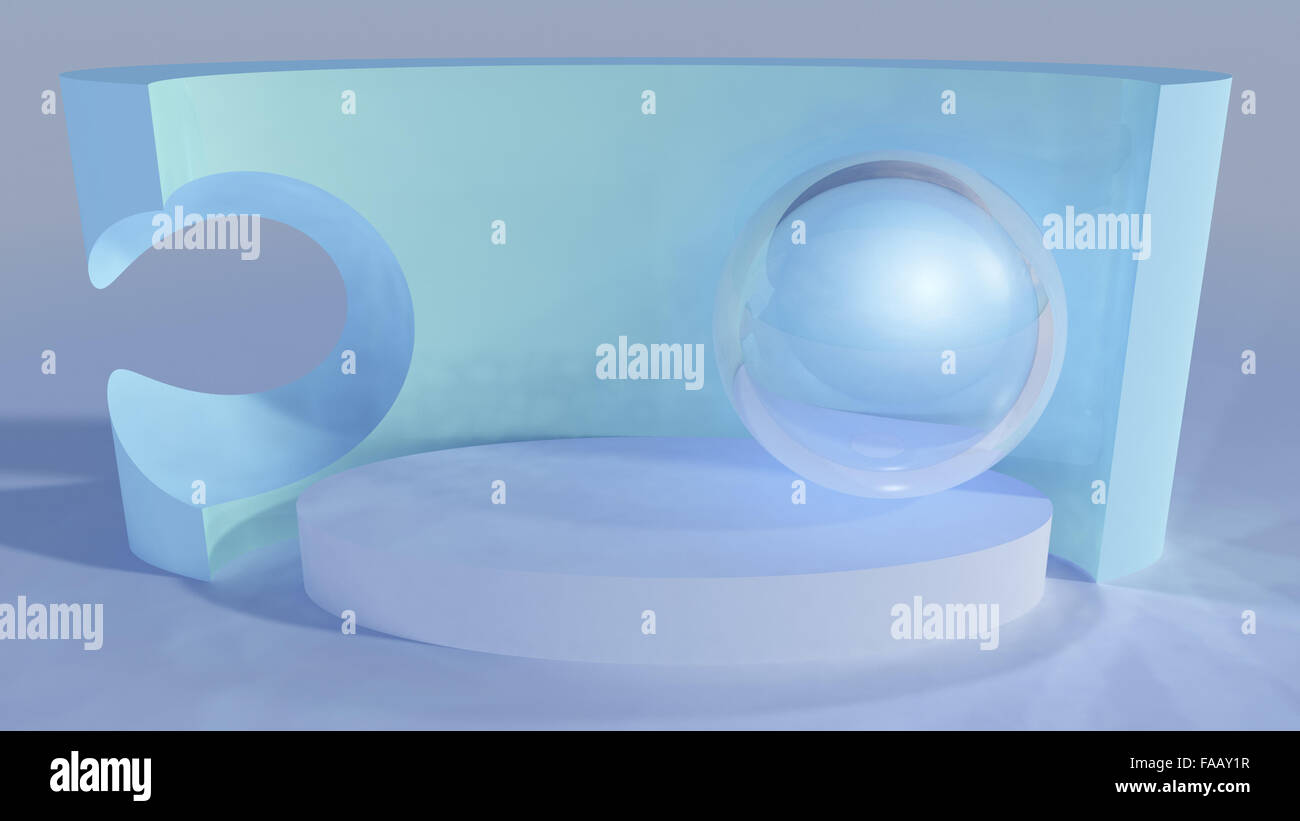An abstract background stage platform with glass sphere and wall ...