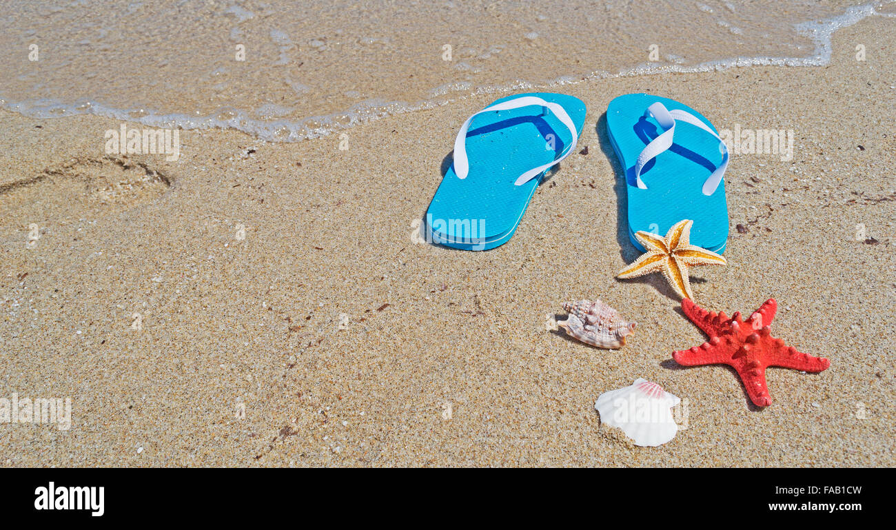 flip flops on the sand in a tropical beach Stock Photo - Alamy
