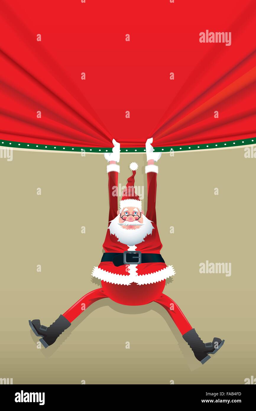 Santa Claus hanging from a red poster. Illustration useful for roll-up ...