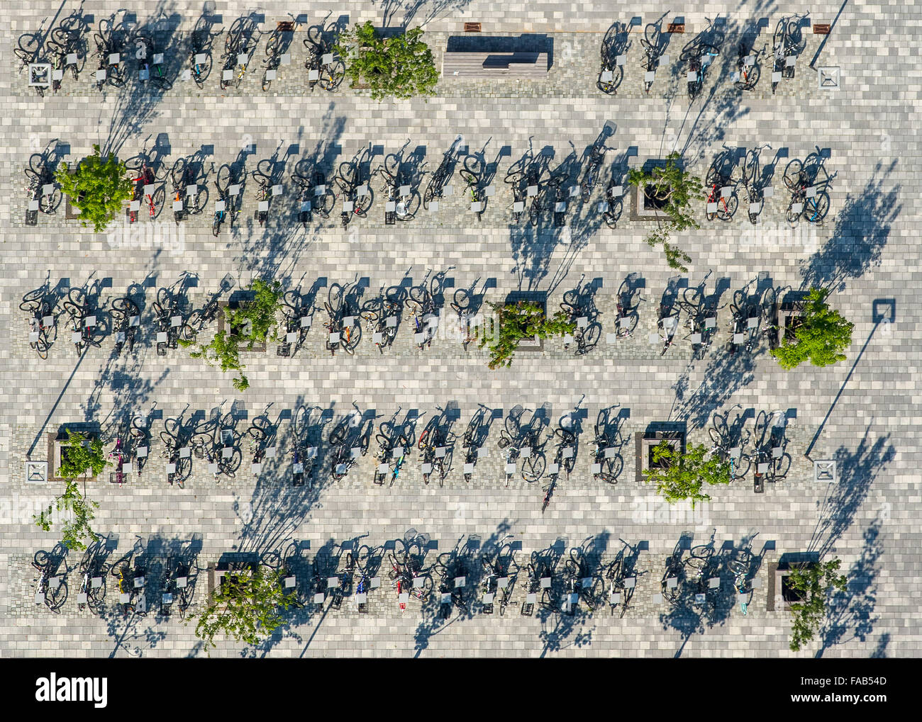 Aerial view, bicycles on the market place of high school students of ...