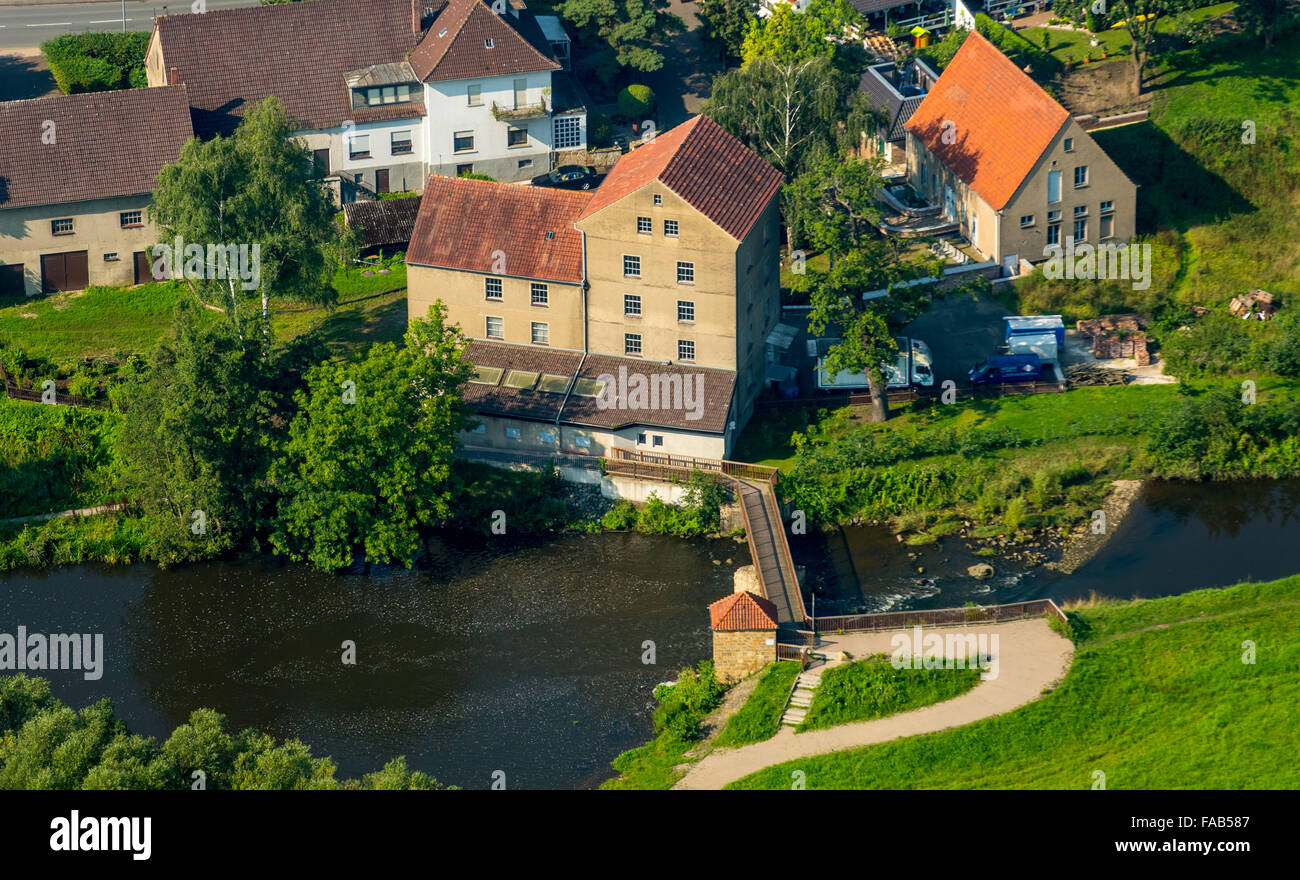 Aerial view, historic mill in the shower Else, Kirchlengern, East ...