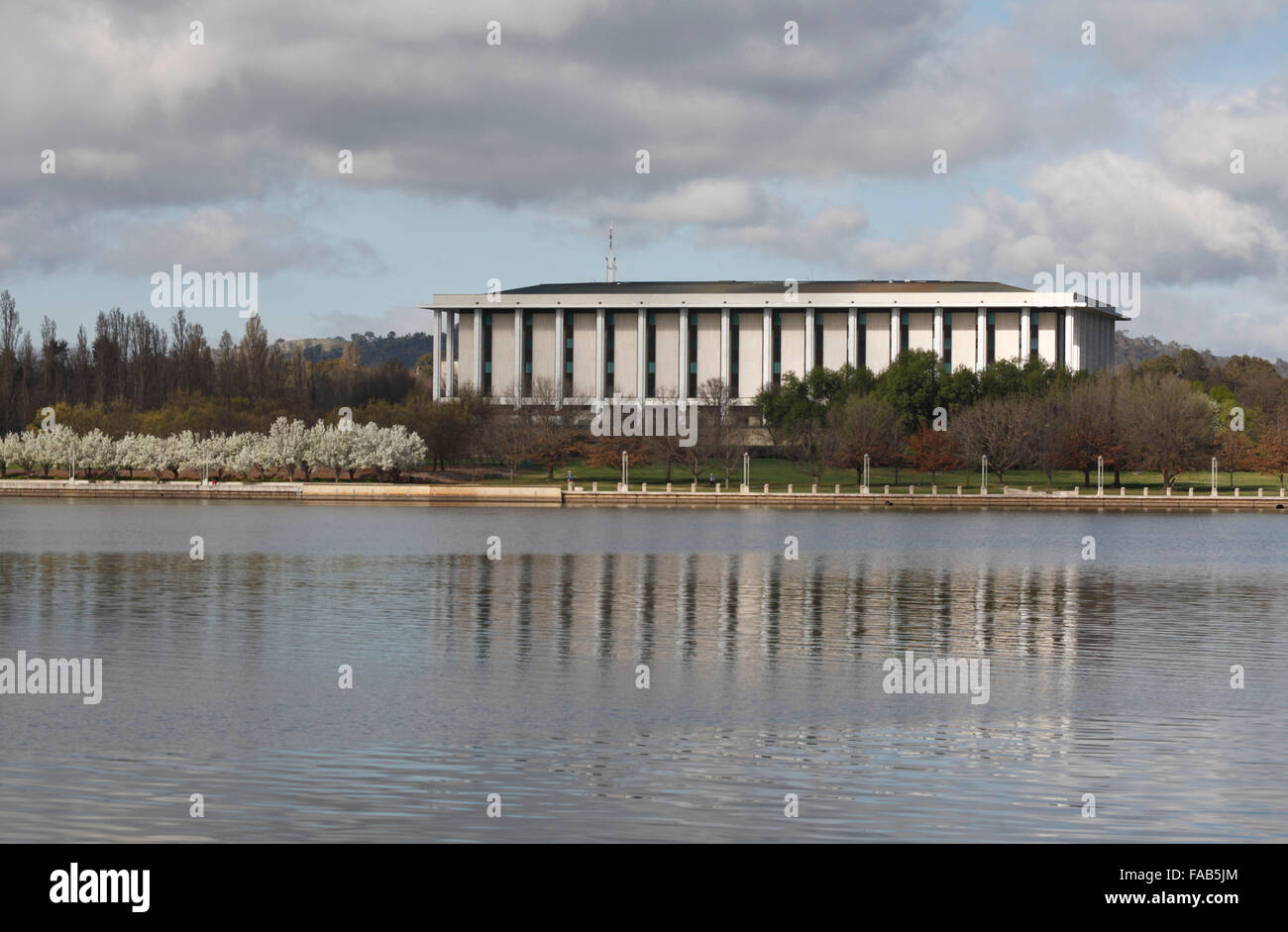 Iconic architecture of the National Library of Australia reflected in ...