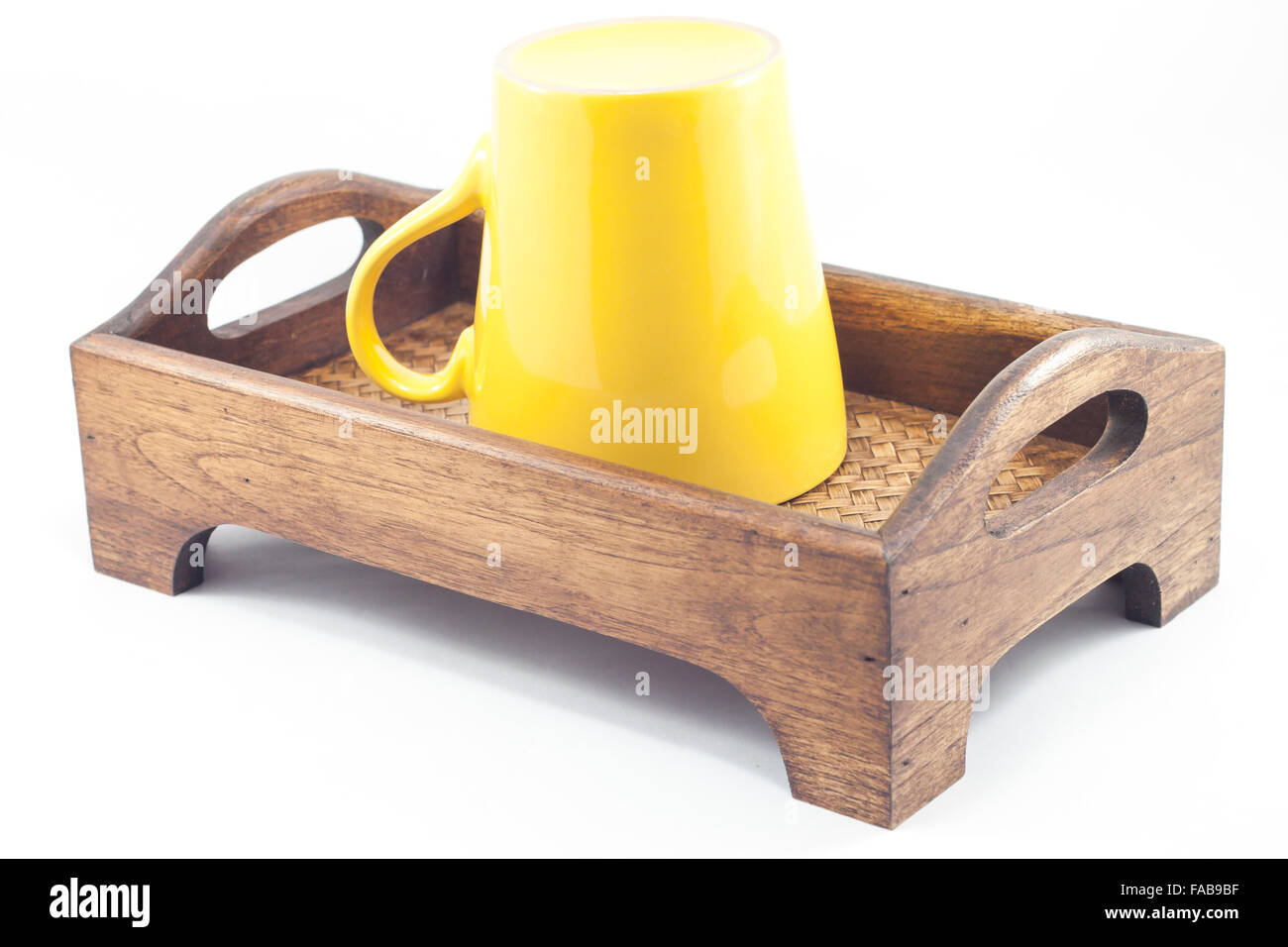 Brown mug on wooden tray isolated on white background, stock photo ...