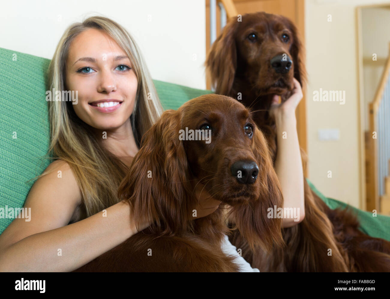 Positive smiling girl sitting on sofa with two Irish setters. Focus on ...