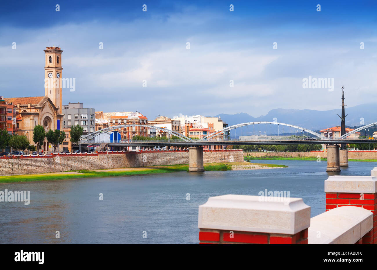 view of Ebro river with bridge in Tortosa. Catalonia, Spain Stock Photo ...