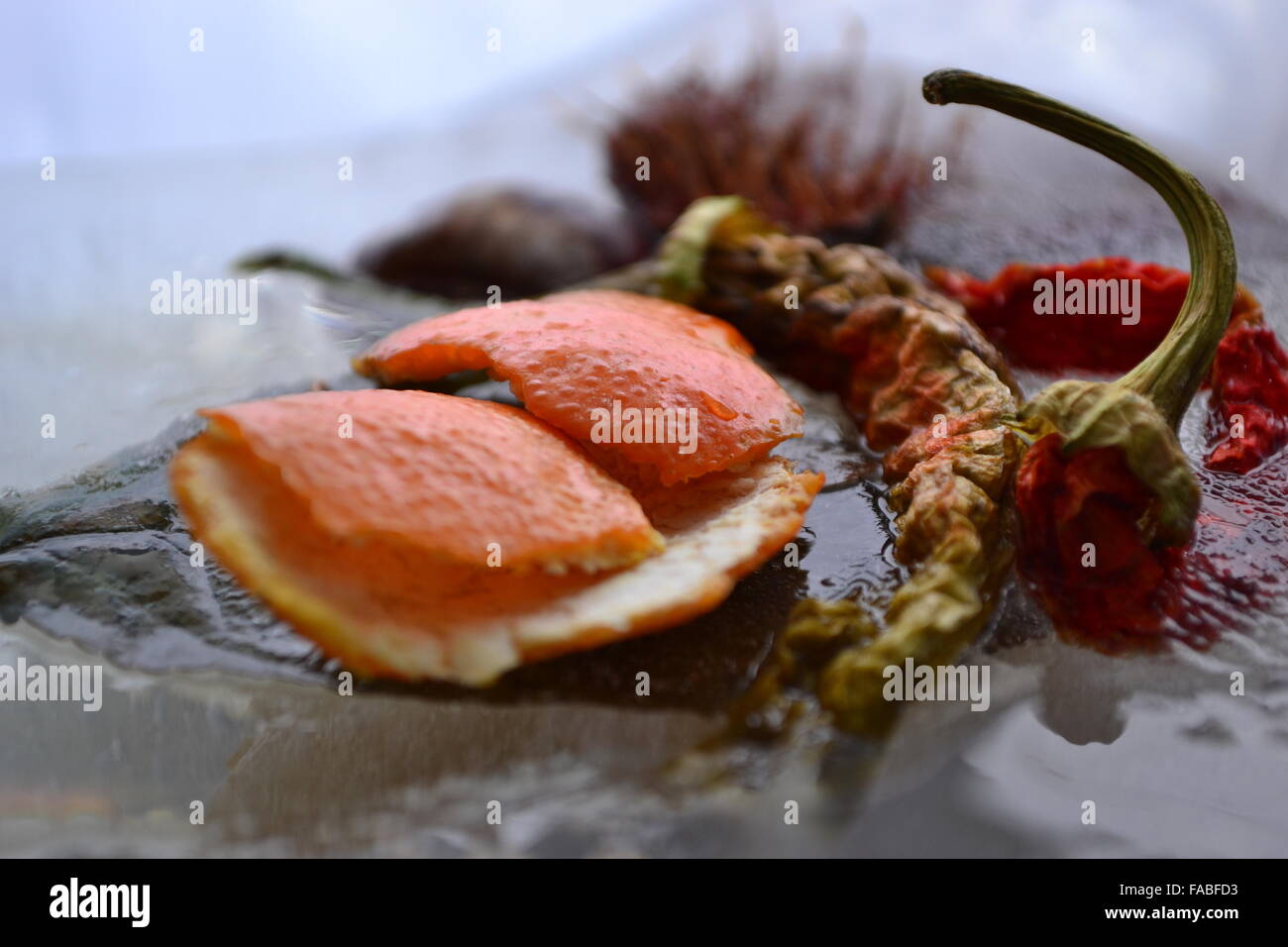 Frozen orange peel peppers chestnut in melting ice Stock Photo - Alamy