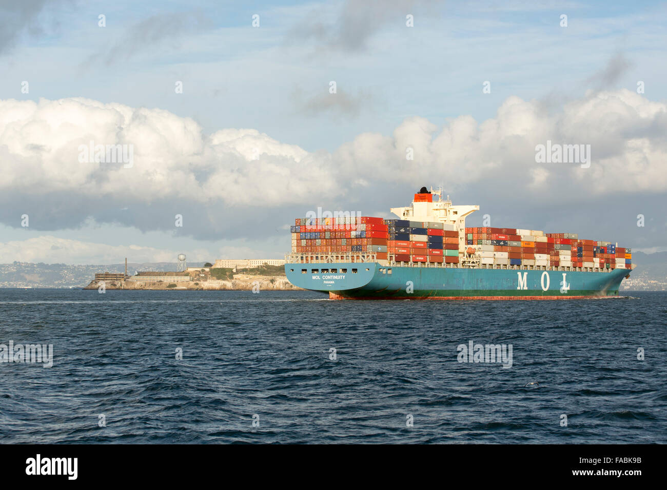 Container ship with Alcatraz Island in the background, San Francisco ...