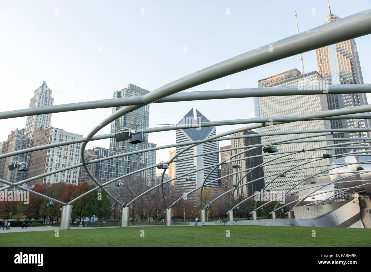 Trellis structure of the Jay Pritzker Pavilion in Millennium Park, Chicago, Illinois, USA with ...