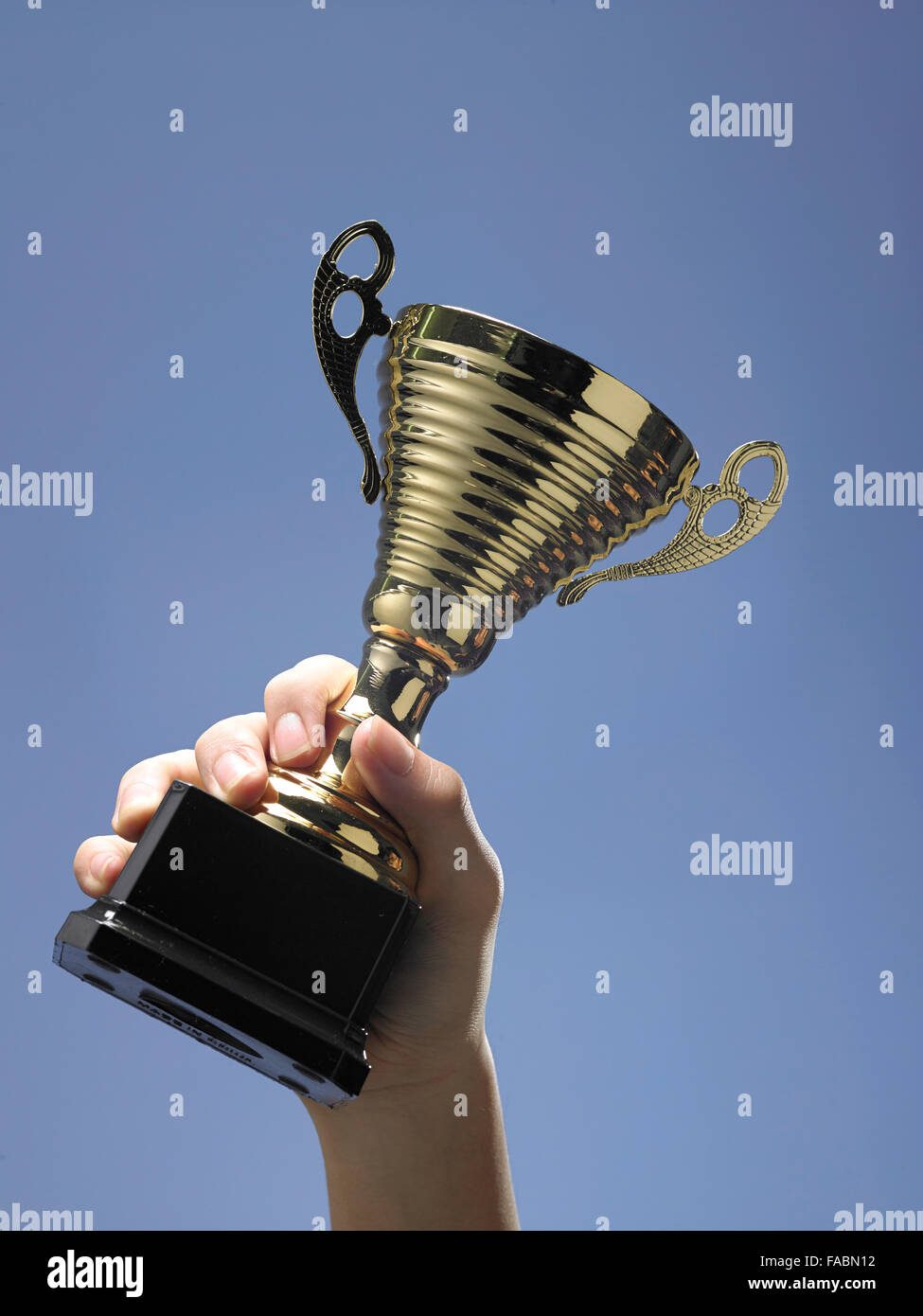 Man holding a champion golden trophy Stock Photo - Alamy