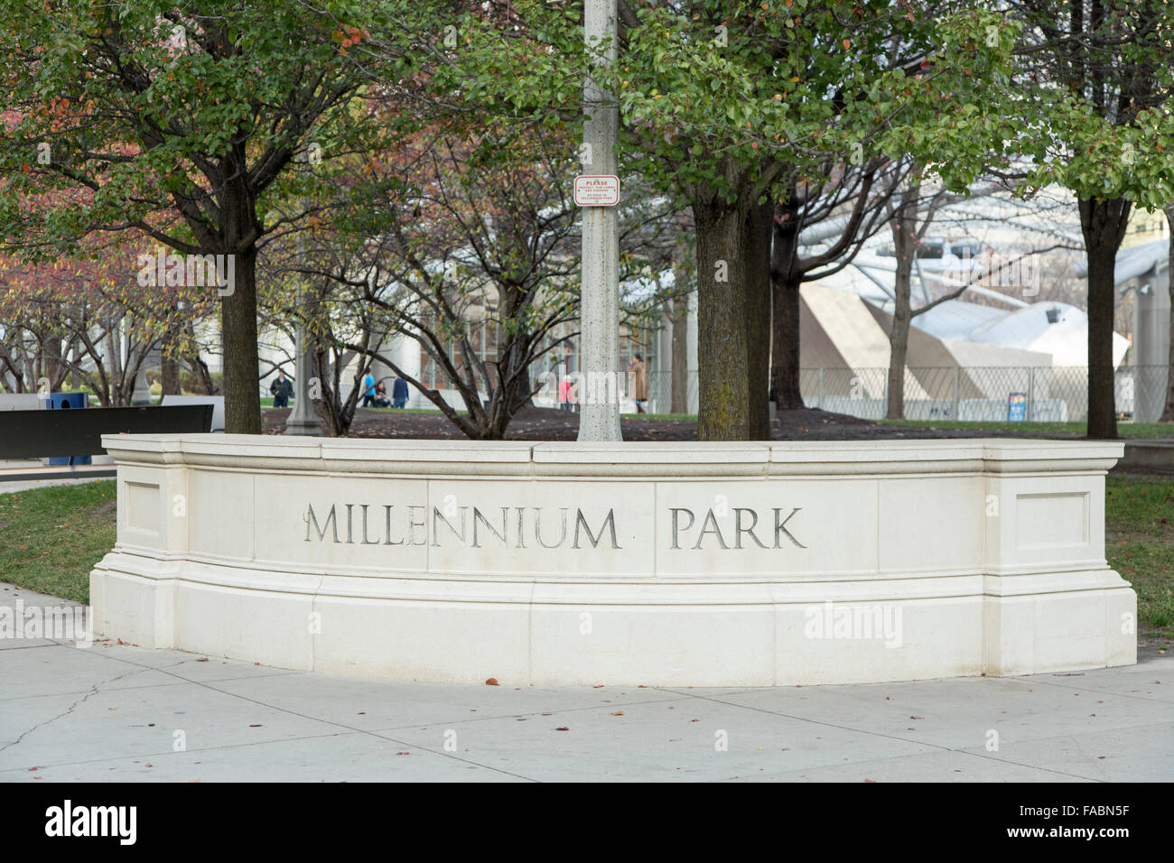 Concrete Millennium Park entrance sign at the Millennium Park, Grant ...