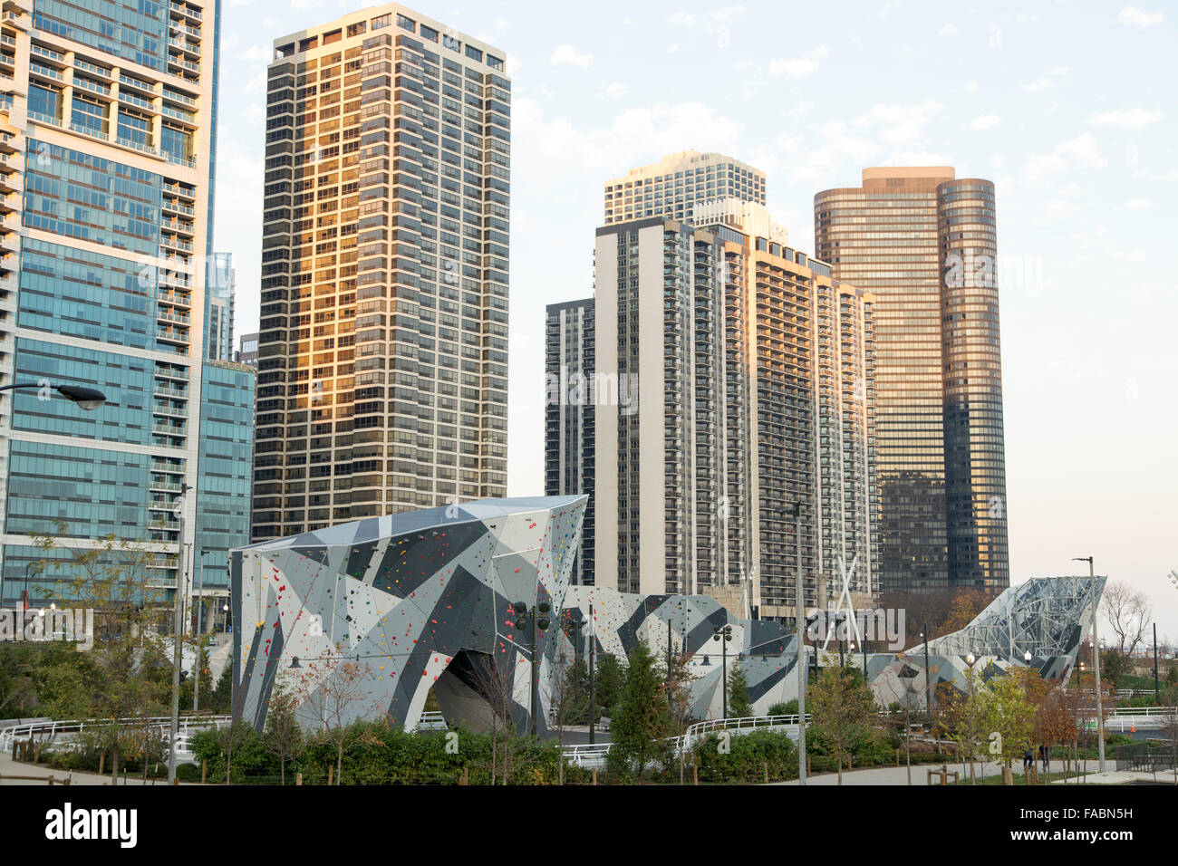 Evening dusk sunlight on skyscrapers behind steel structure in ...