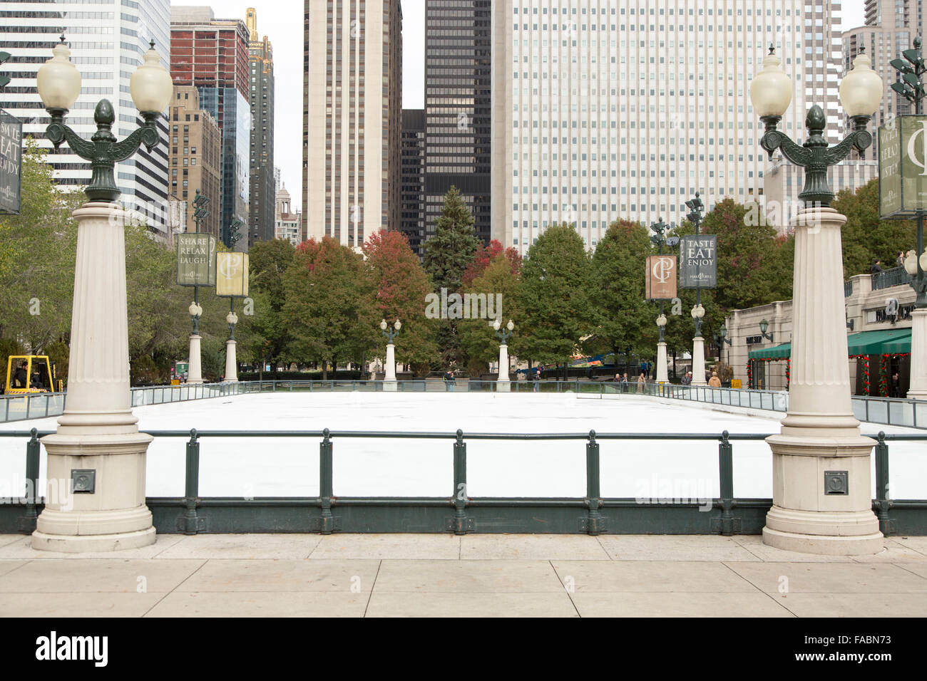 View across the ice at the McCormick Tribune Plaza & Ice Rink in ...