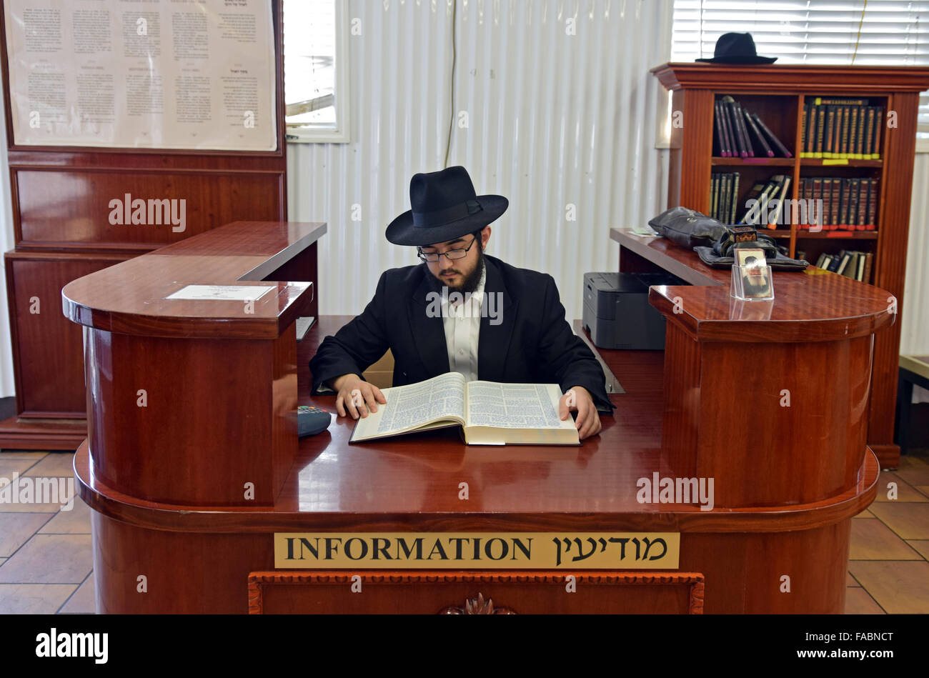 A young religious Jewish man studying Talmud as he sits at the ...