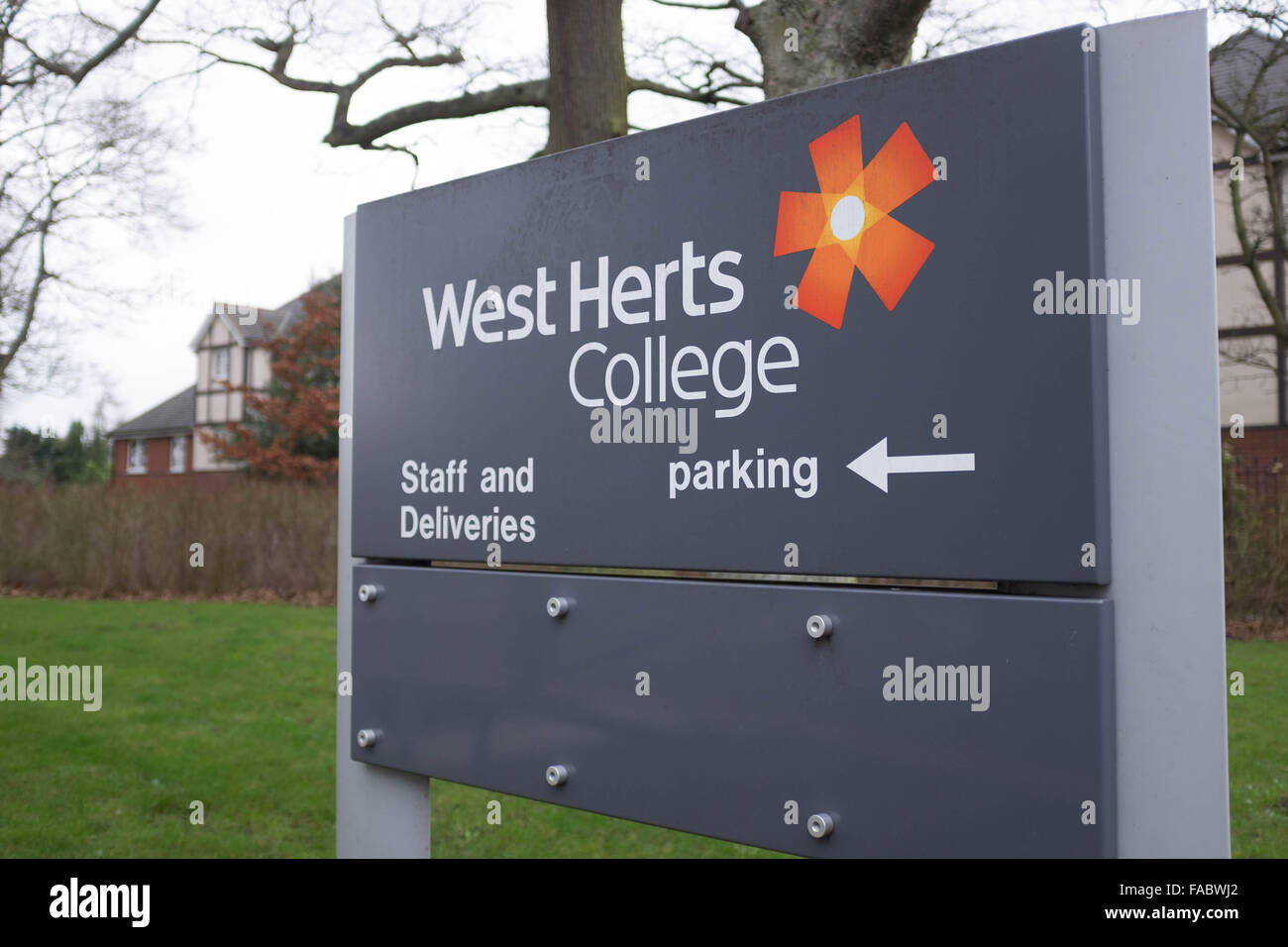 Sign at exterior of West Herts College in Watford, Herts, Hertfordshire ...