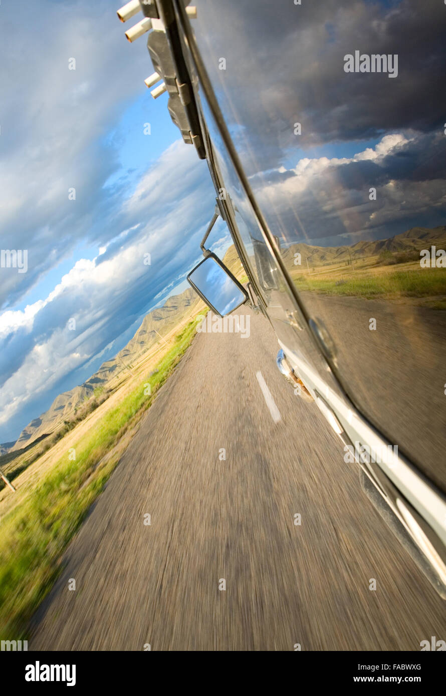 View of the steppe from the window of a moving car Stock Photo - Alamy