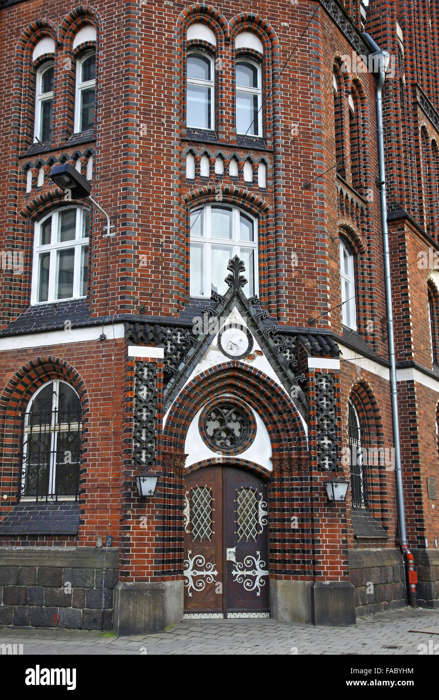 Close-up facade of an old traditional gothic-style building in ...