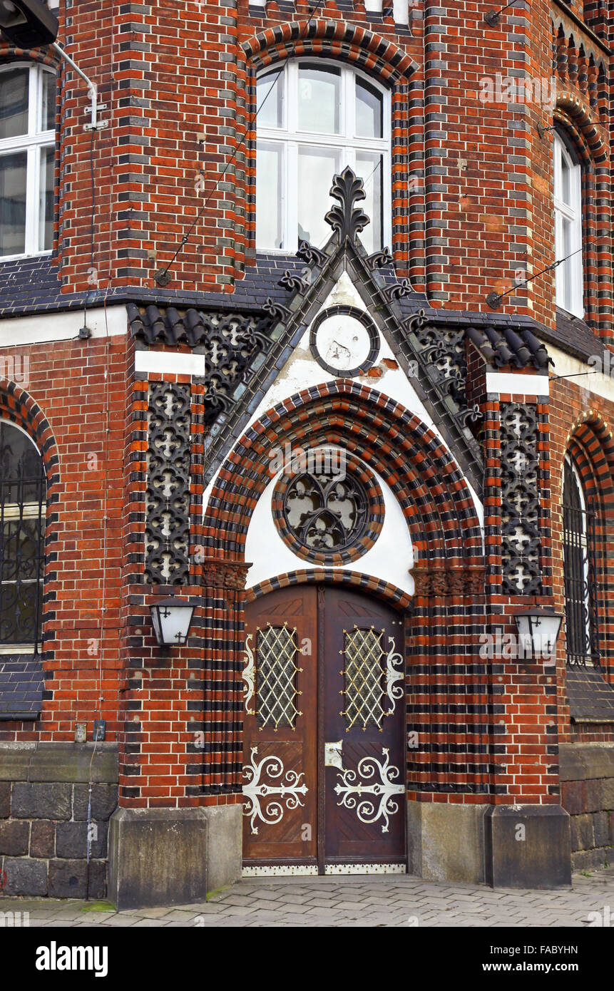 Close-up facade of an old traditional gothic-style building in ...