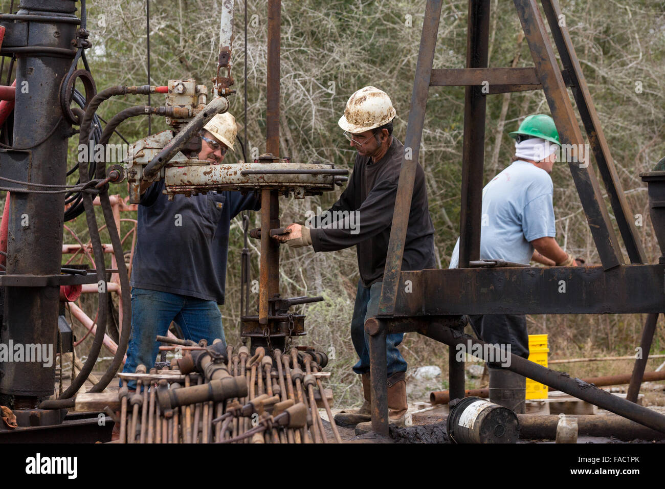 Oil workers sink pipe using a derrick to drill for crude in Evangeline ...