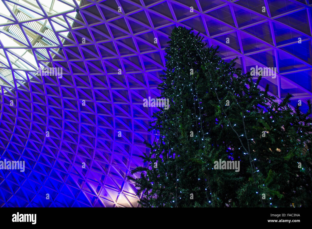symmetrical architecture at Kings Cross station London, lit with a blue ...