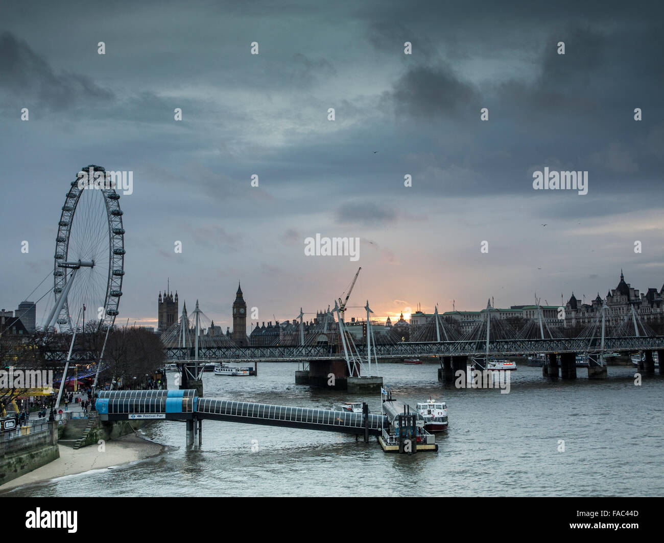 A view of the Houses of Parliament and the London Eye from Waterloo ...