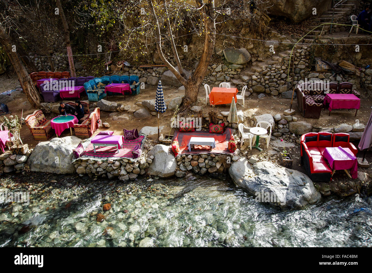 Restaurant on the banks of Ourika River - Ourika Valley, Morocco Stock ...