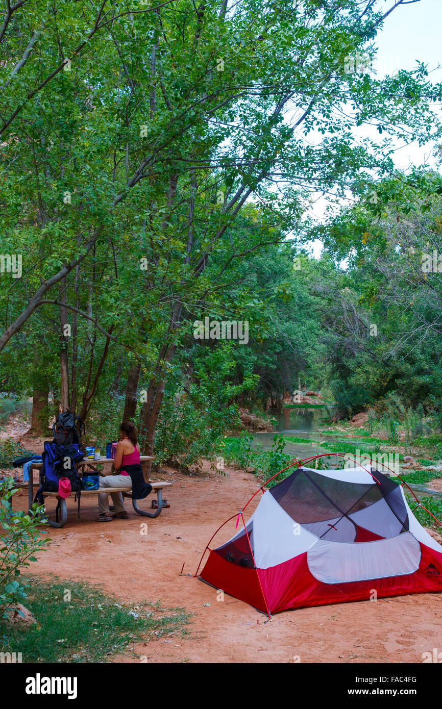 Campground at the base of Havasu Falls, Havasupai Indian Reservation ...