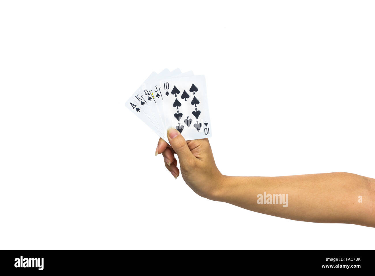Playing cards in hand isolated on white background Stock Photo - Alamy