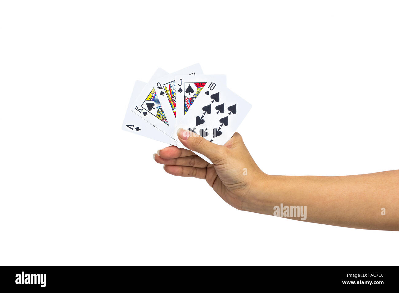 Playing cards in hand isolated on white background Stock Photo - Alamy