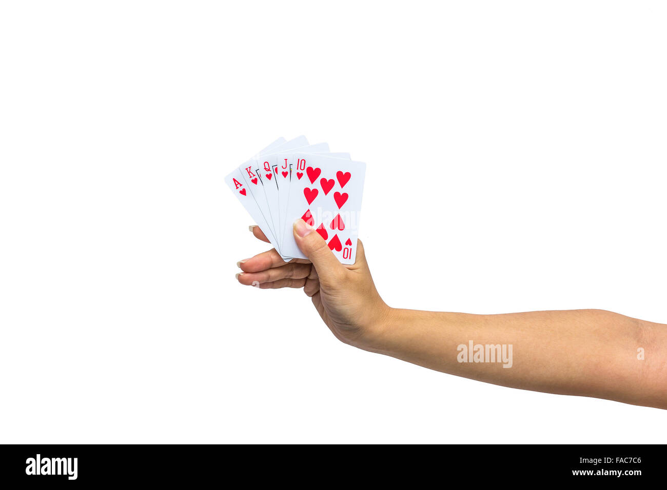 Playing cards in hand isolated on white background Stock Photo - Alamy