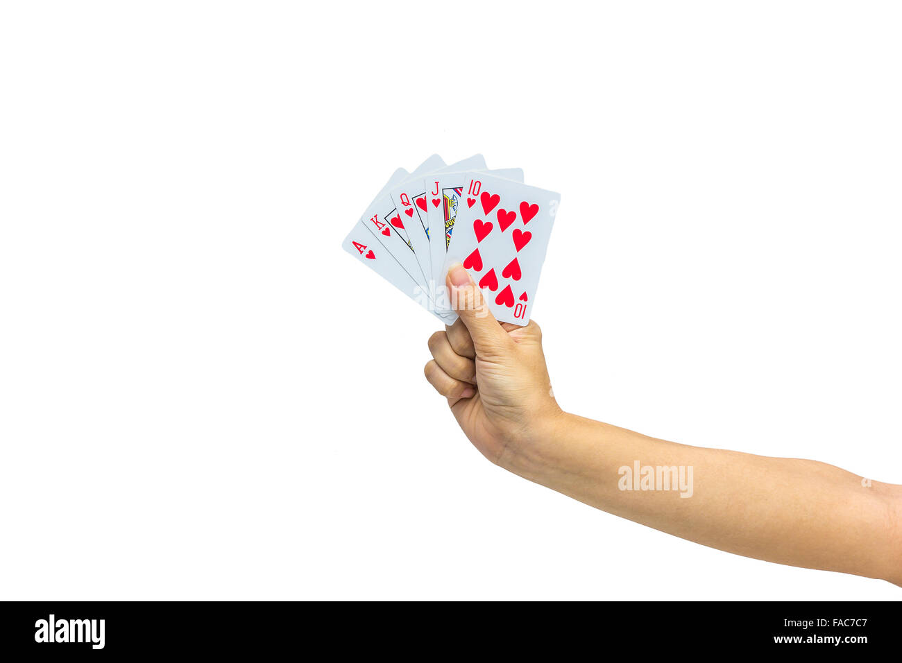 Playing cards in hand isolated on white background Stock Photo - Alamy