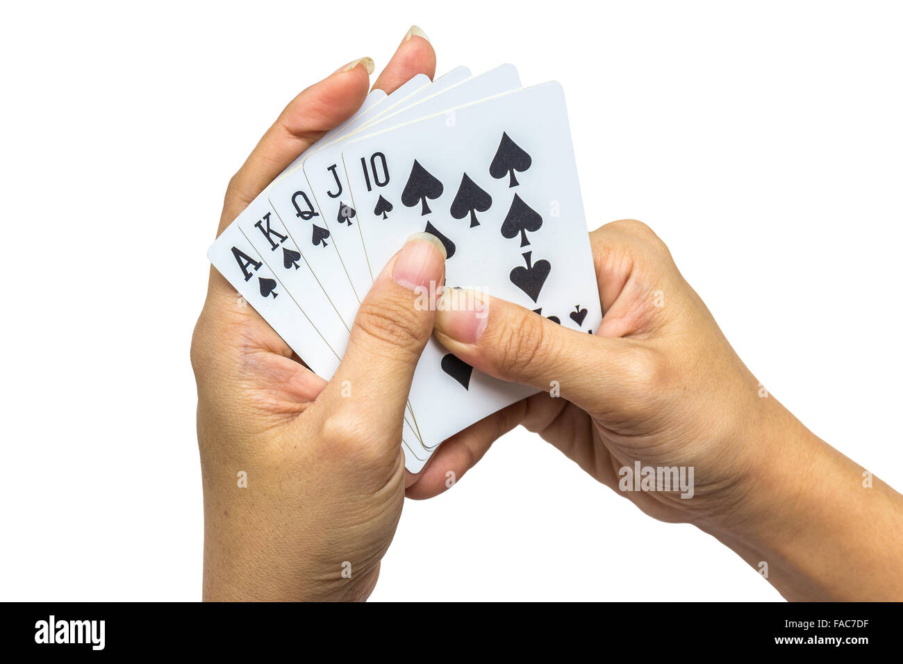 Playing cards in hand isolated on white background Stock Photo - Alamy