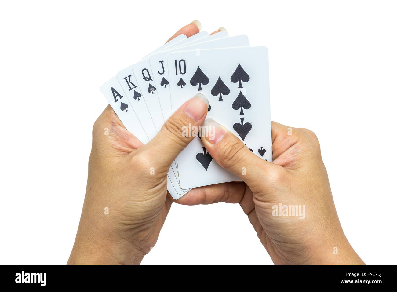 Playing cards in hand isolated on white background Stock Photo - Alamy