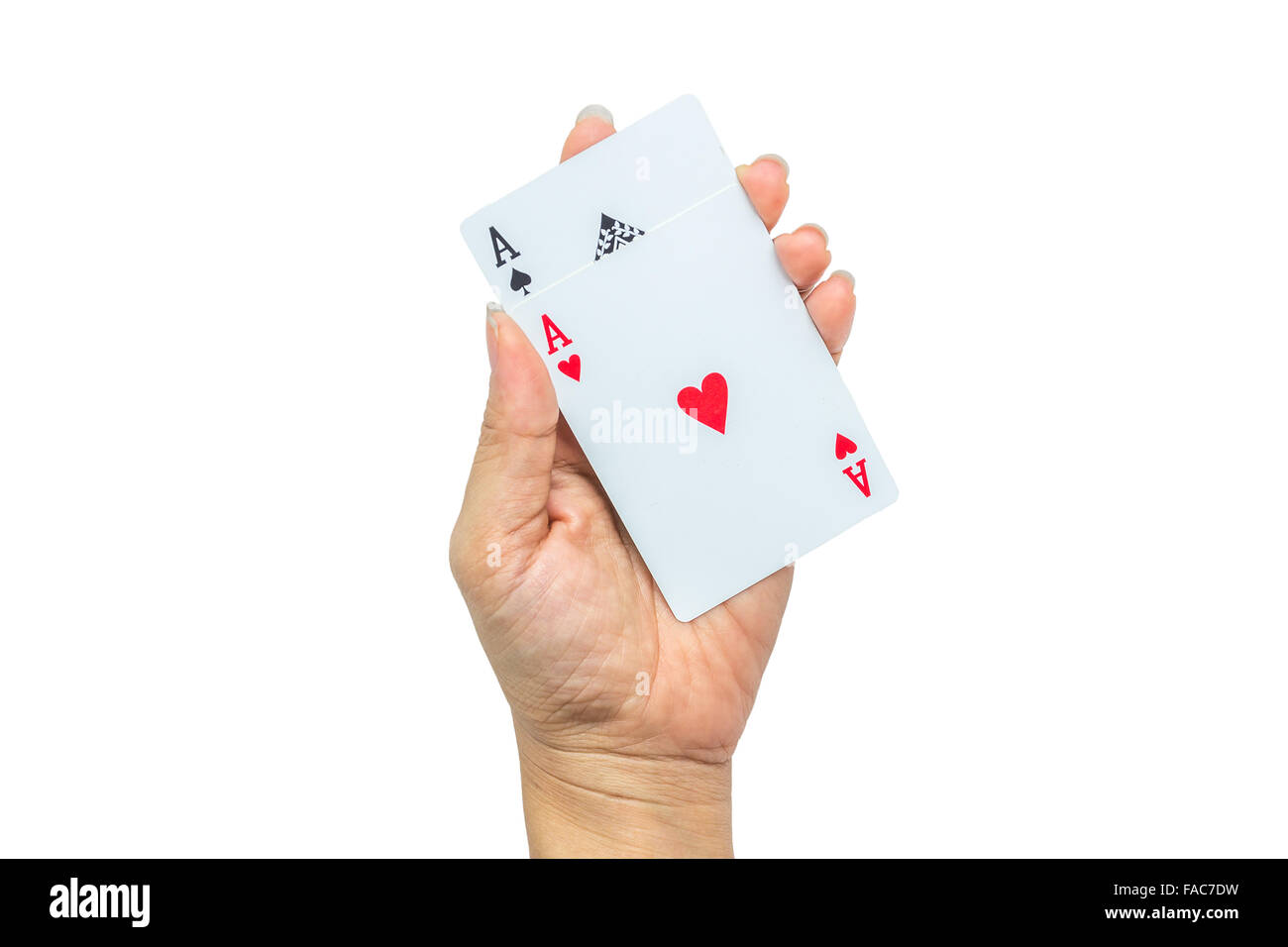 Playing cards in hand isolated on white background Stock Photo - Alamy