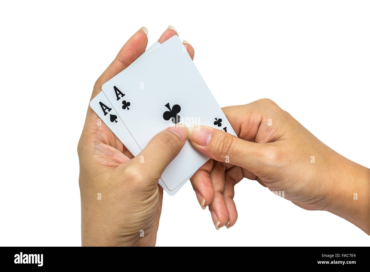 Playing cards in hand isolated on white background Stock Photo - Alamy