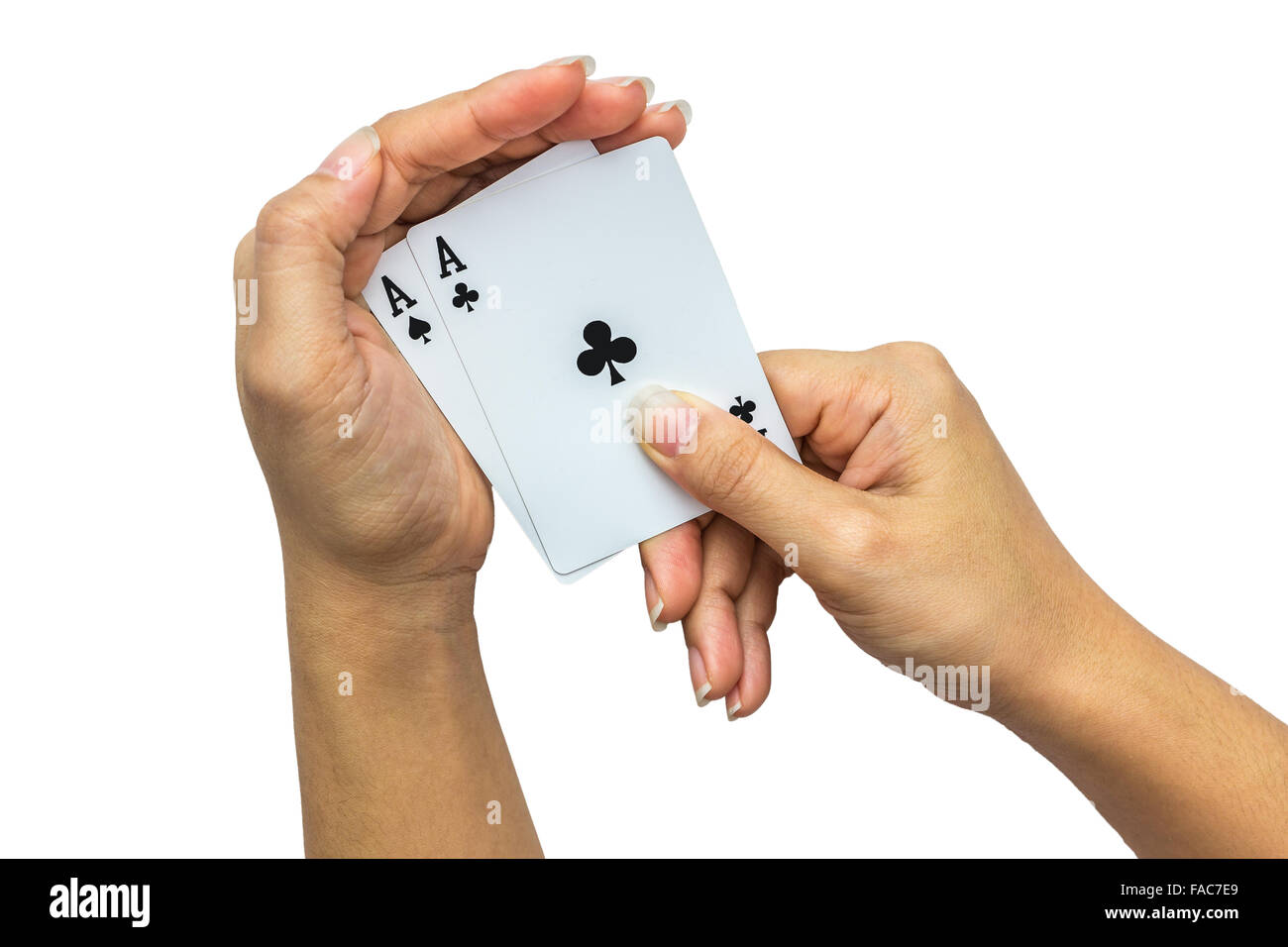 Playing cards in hand isolated on white background Stock Photo - Alamy