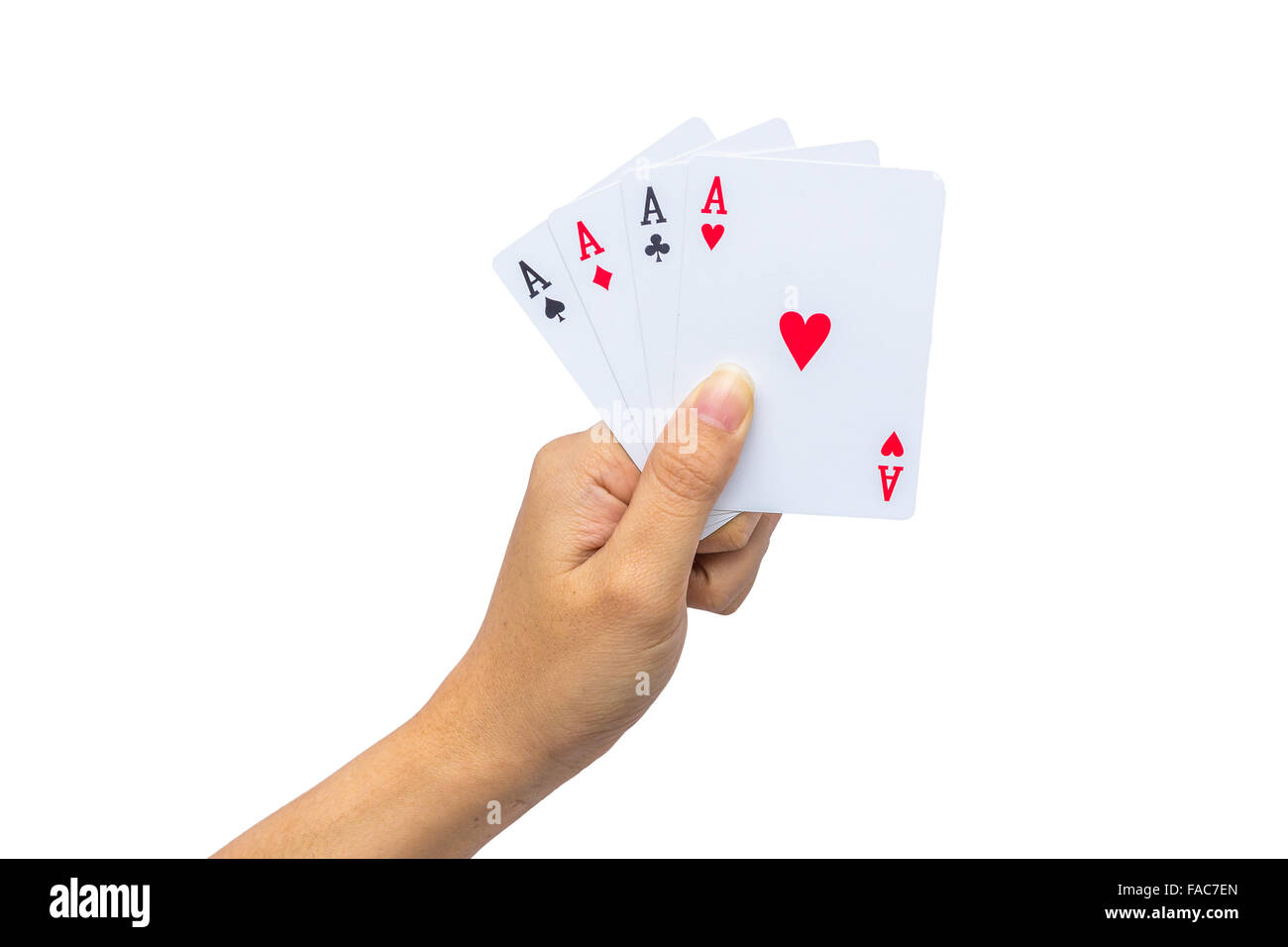 Playing cards in hand isolated on white background Stock Photo - Alamy