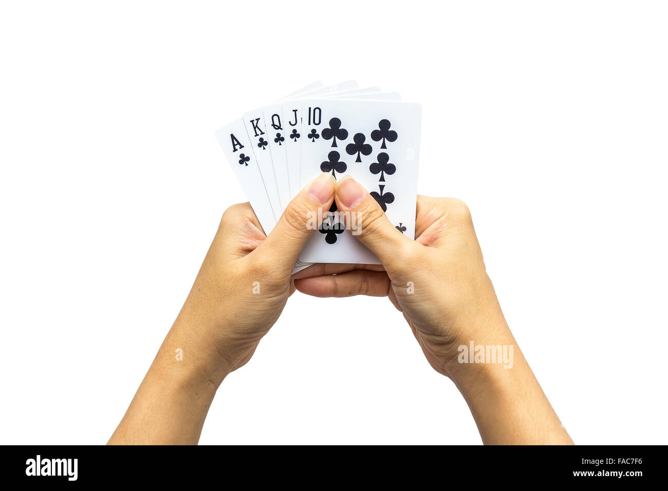 Playing cards in hand isolated on white background Stock Photo - Alamy