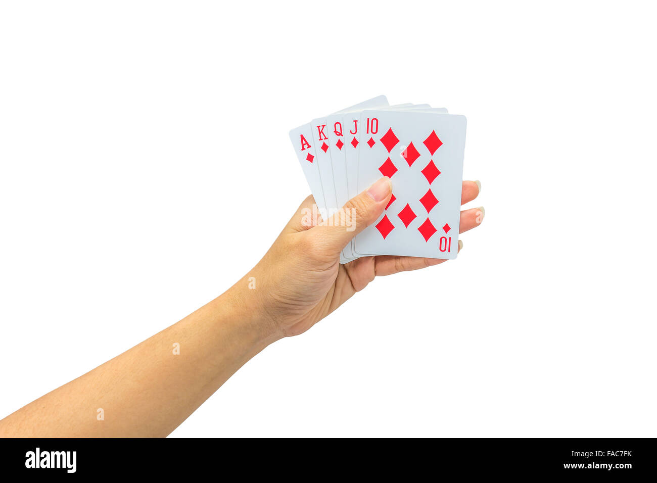 Playing cards in hand isolated on white background Stock Photo - Alamy