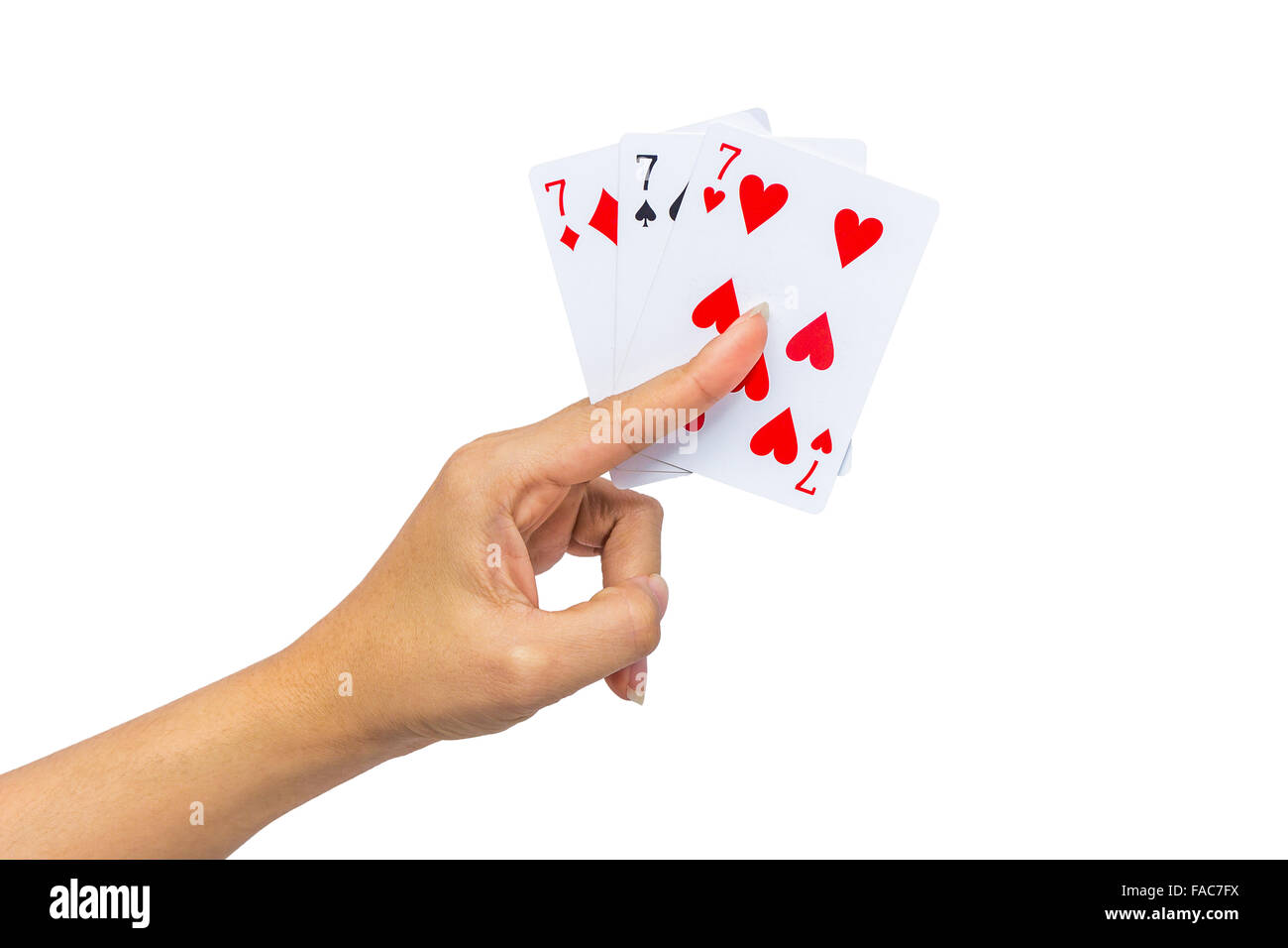Playing cards in hand isolated on white background Stock Photo - Alamy
