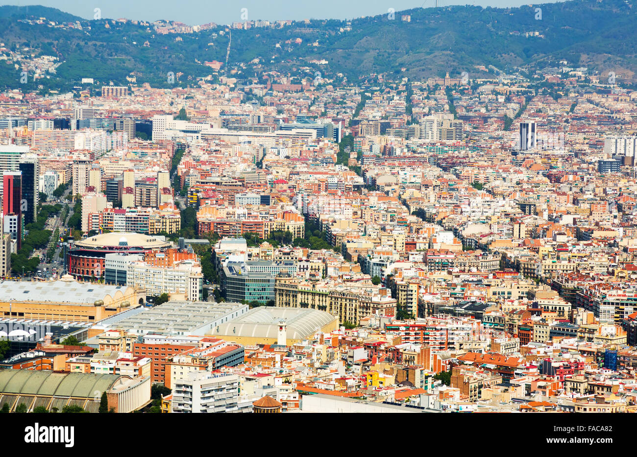 Aerial view of residence districts in european city. Sants-Montjuic ...