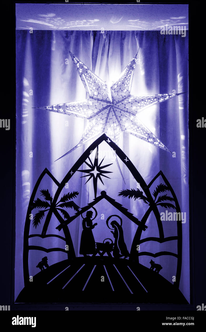 Festive Christmas house window display. Nativity scene silhouette ...