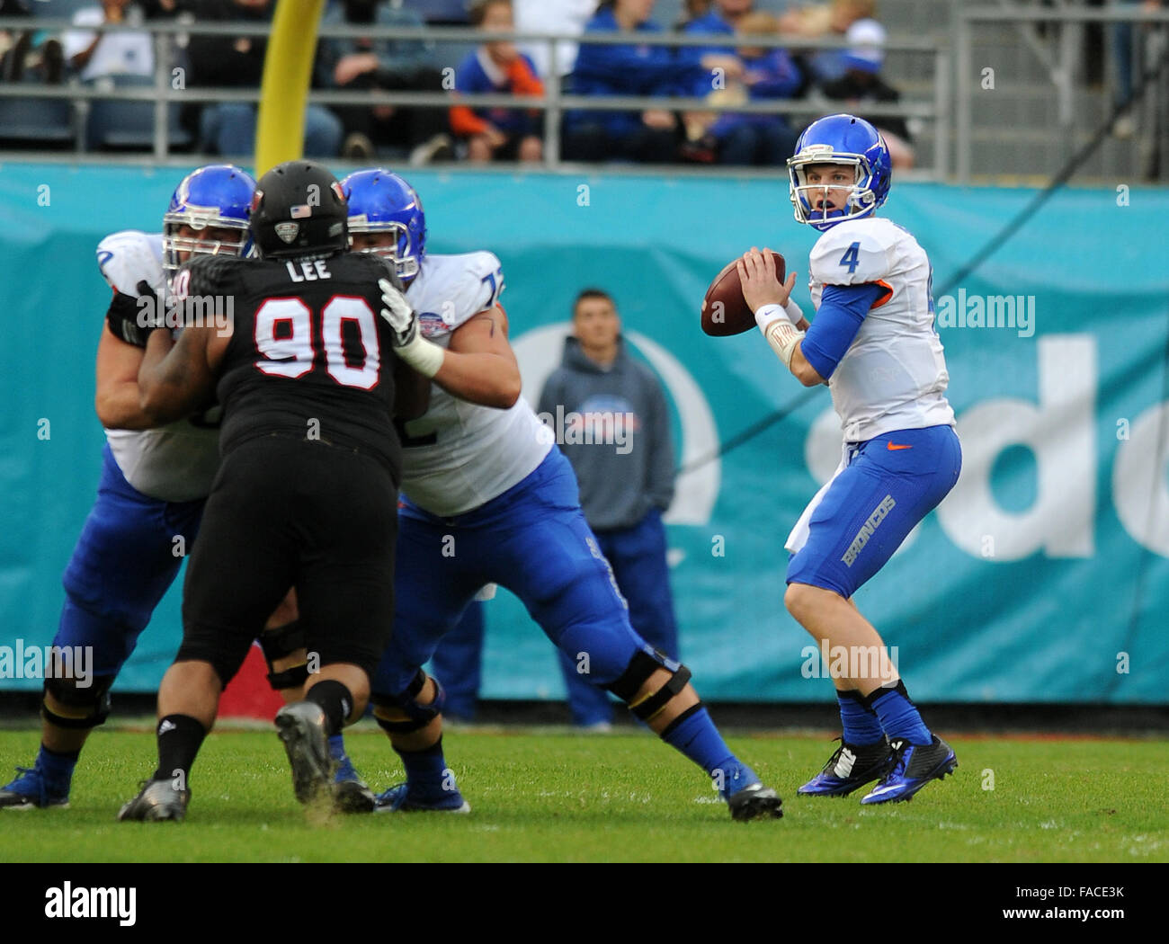 San Diego, CA. 23rd Dec, 2015. Broncos quarterback (4) Brett Rypien in ...