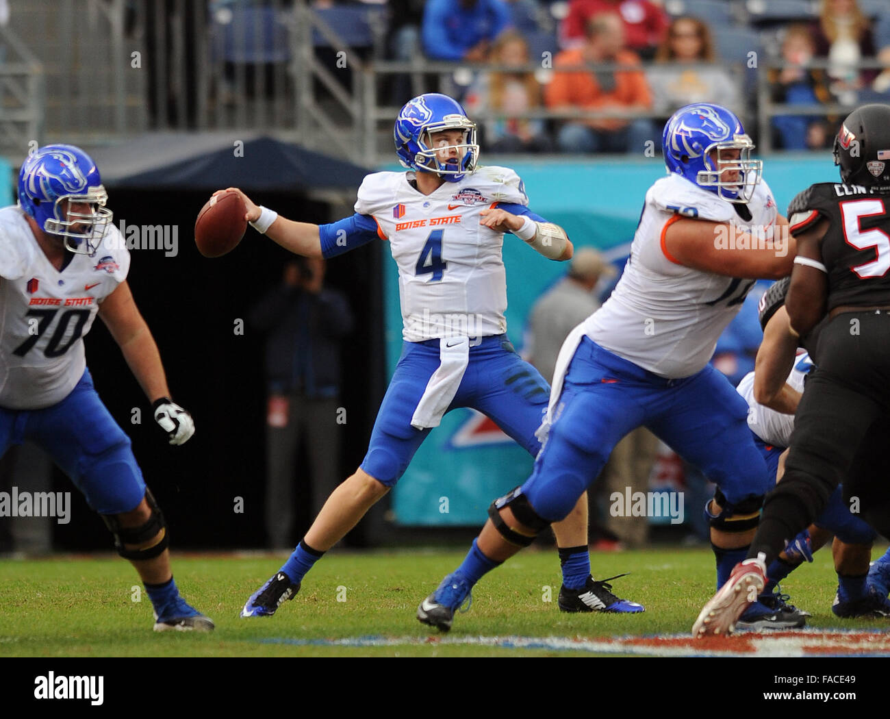 San Diego, CA. 23rd Dec, 2015. Broncos quarterback (4) Brett Rypien in ...