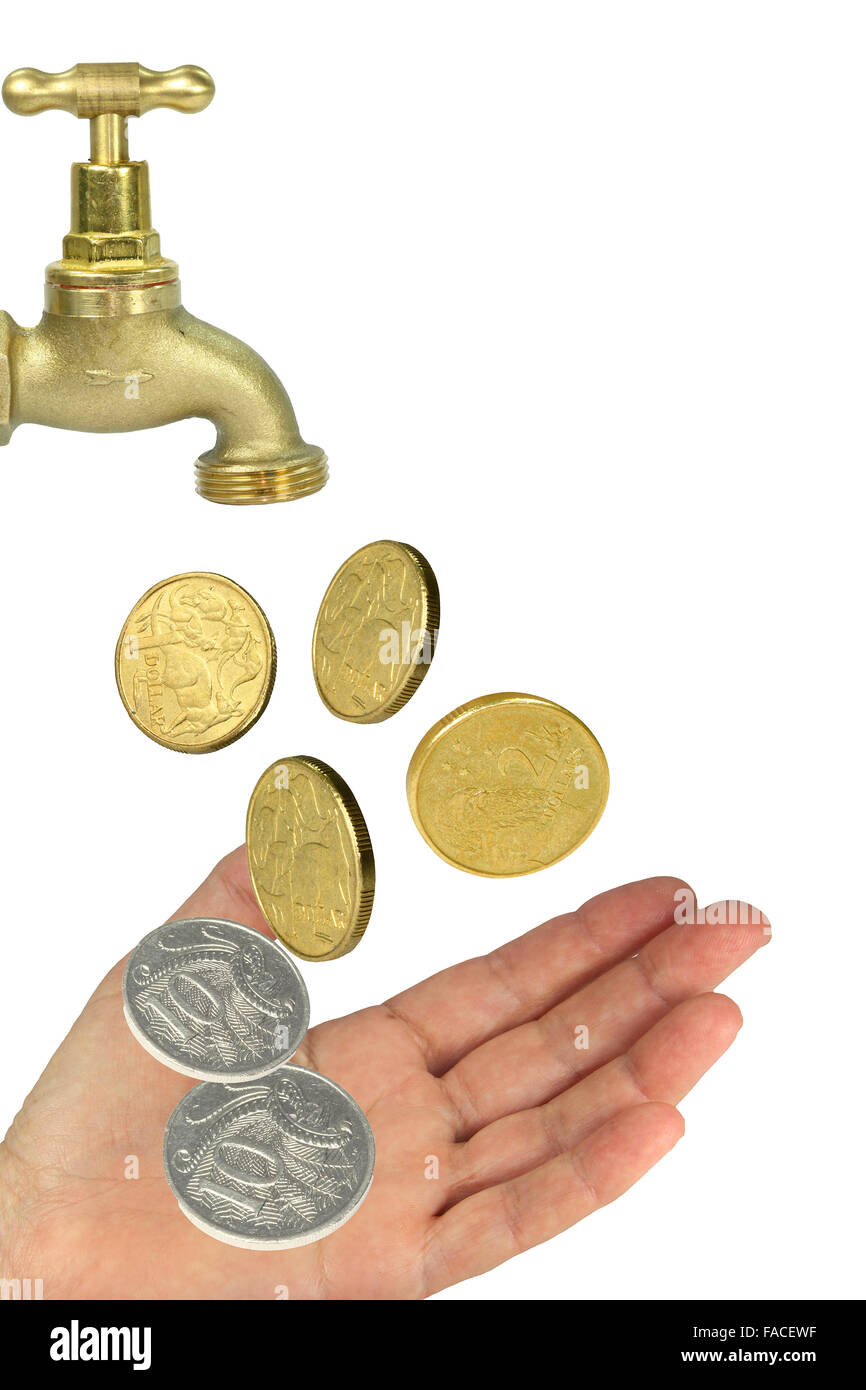 a hand catching coins from a tap on white background Stock Photo - Alamy