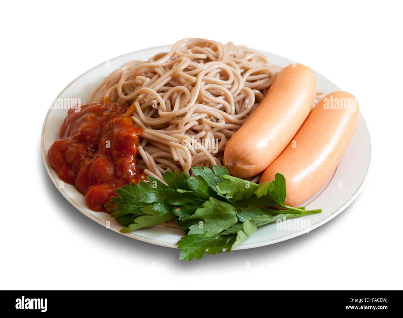 spaghetti pasta with ketchup and sausages in plate Stock Photo - Alamy