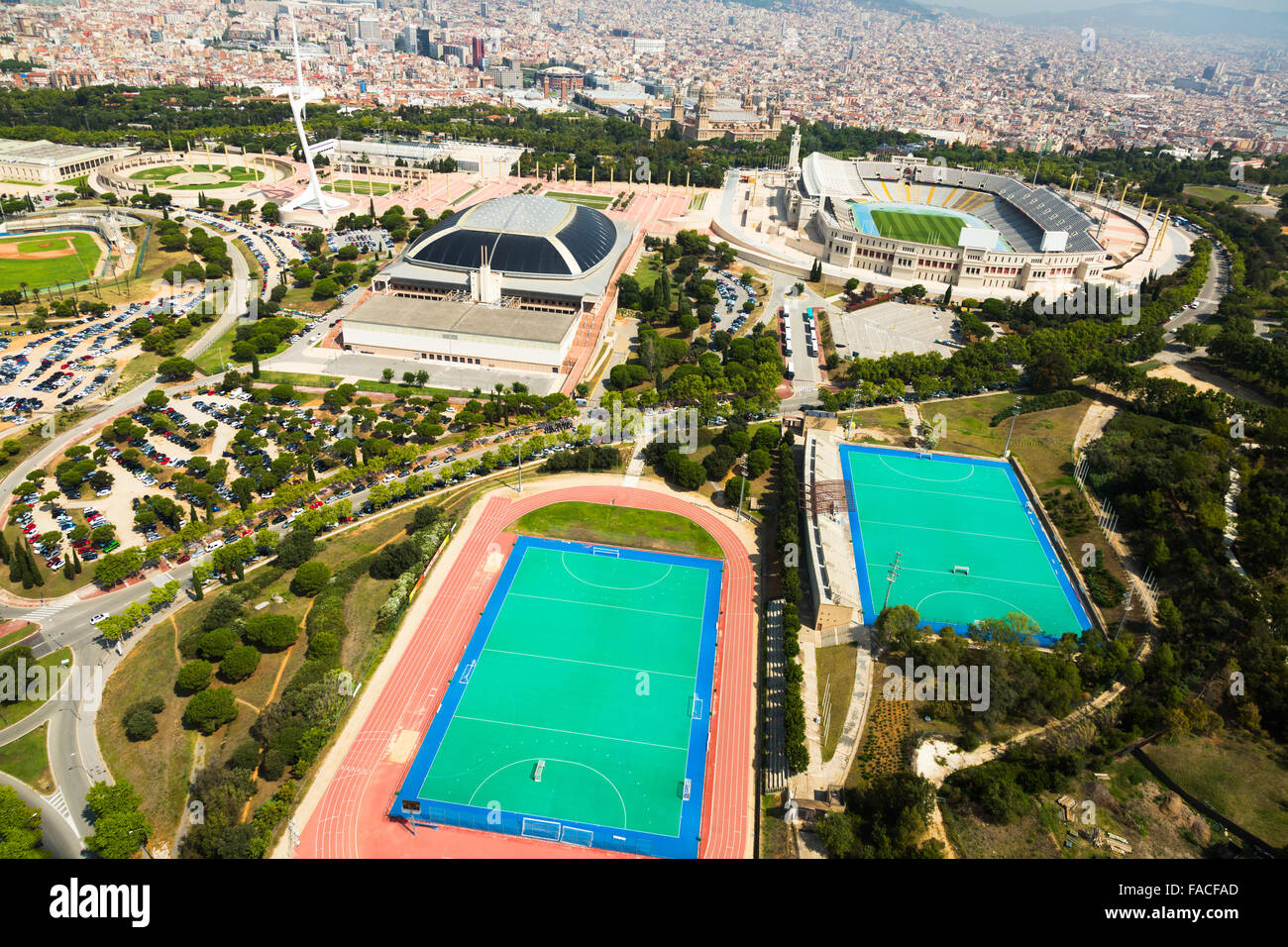 General aerial view of Olimpic area of Montjuic. Barcelona, Spain Stock ...