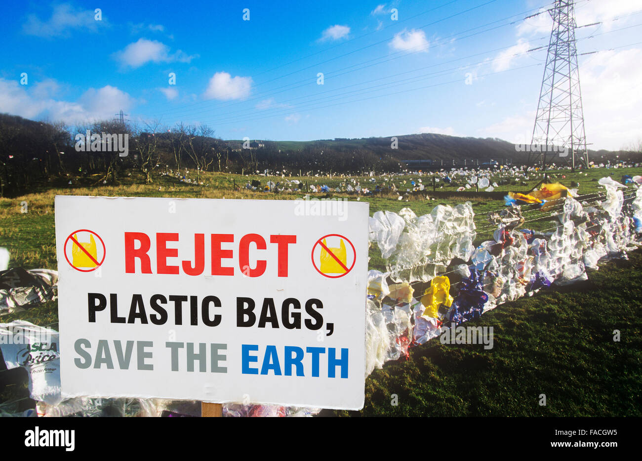 Plastic bags blown from a landfill site in Barrow in Furness, Cumbria ...