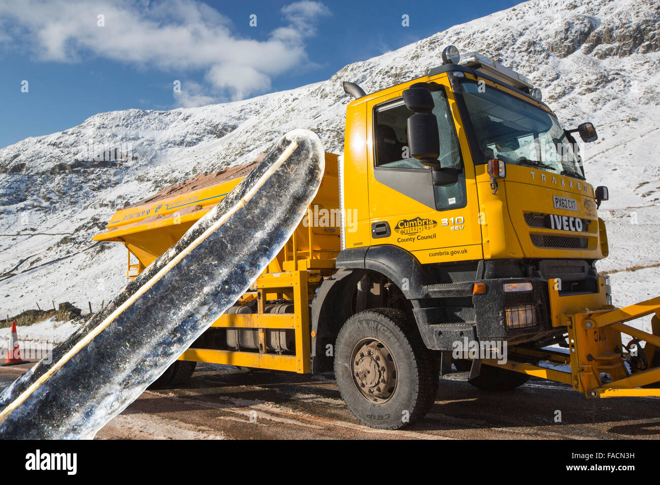 A snow plough on Kirkstone Pass in snow, Lake District, UK Stock Photo ...