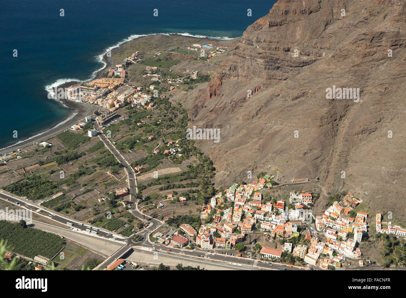 An aerial photograph of Valle Gran Rey in La Gomera, Canary Islands ...