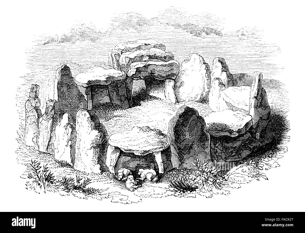 engraved illustration of a Druid stone circle, Jersey, Channel Islands ...